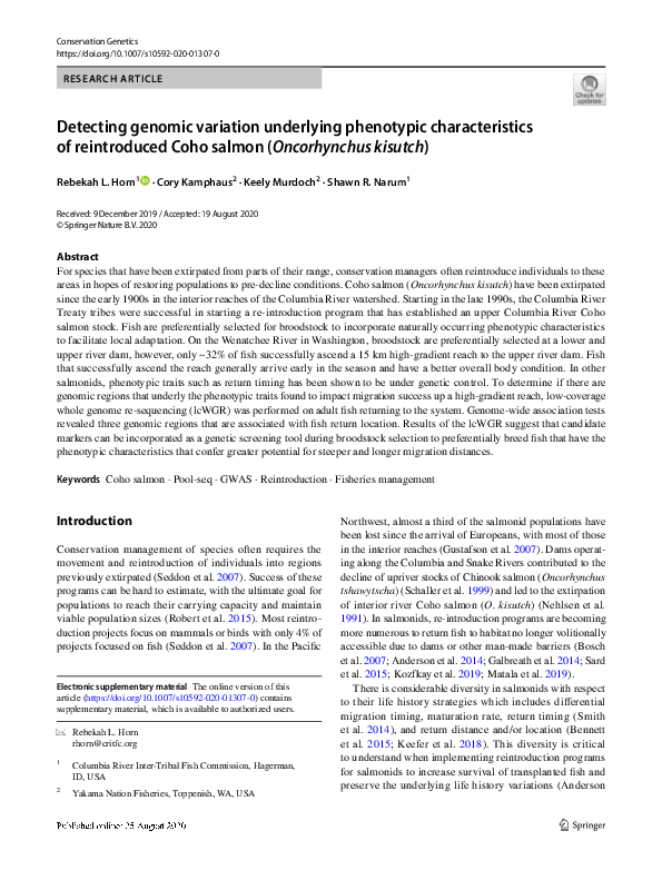 (PDF) Detecting genomic variation underlying phenotypic characteristics of reintroduced Coho ...