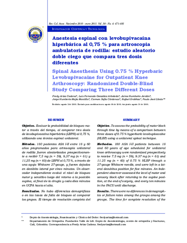 (PDF) Anestesia espinal con levobupivacaína hiperbárica al 0,75 % para ...