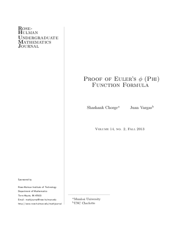 (PDF) Proof of Euler's φ (Phi) Function Formula