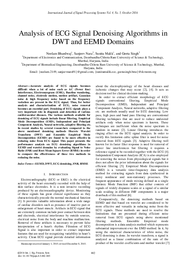 Pdf Analysis Of Ecg Signal Denoising Algorithms In Dwt And Eemd Domains