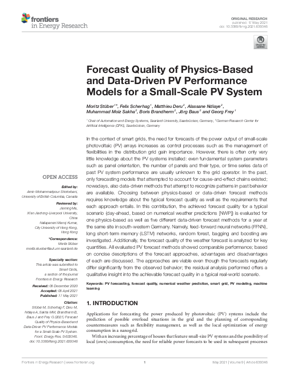 Pdf Forecast Quality Of Physics Based And Data Driven Pv Performance Models For A Small Scale