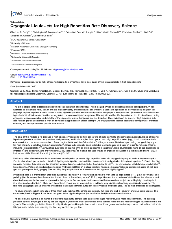 (PDF) Cryogenic Liquid Jets for High Repetition Rate Discovery Science