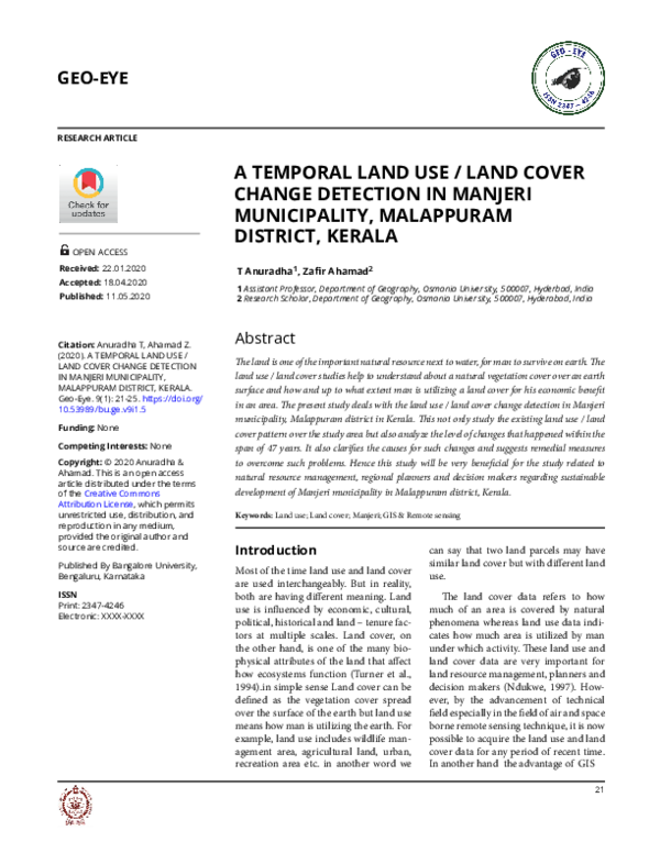 (PDF) A Temporal Land Use / Land Cover Change Detection in Manjeri ...