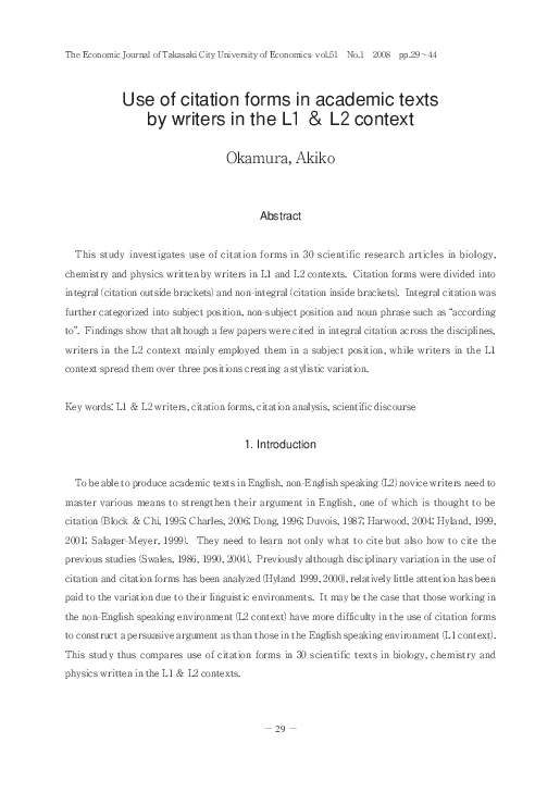 (PDF) Use of citation forms in academic texts by writers in the L1 & L2 ...