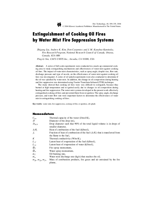 (PDF) Extinguishment of Cooking Oil Fires by Water Mist Fire ...