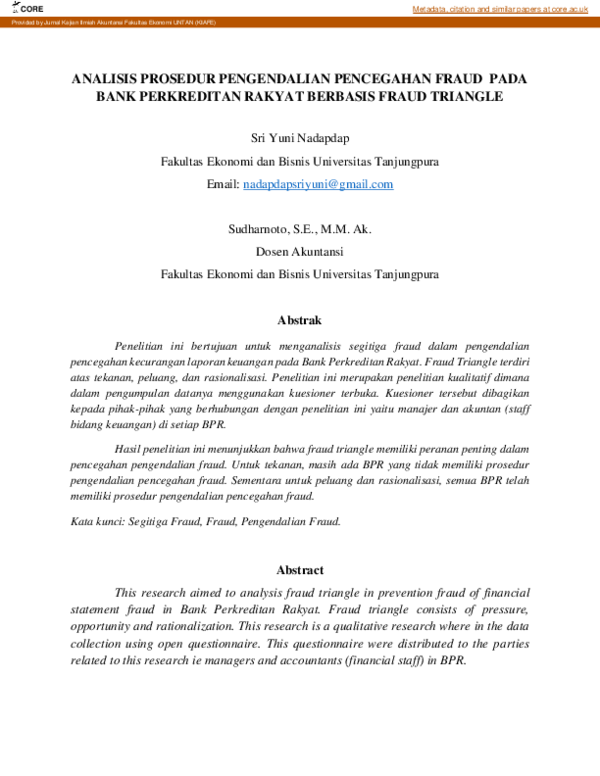 Pdf Analisis Prosedur Pengendalian Pencegahan Fraud Pada Bank