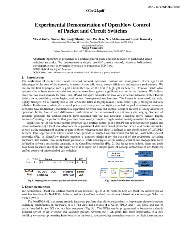 (PDF) Experimental Demonstration of OpenFlow Control of Packet and Circuit Switches