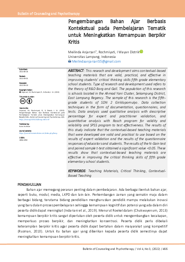 (PDF) Pengembangan Bahan Ajar Berbasis Kontekstual pada Pembelajaran Tematik untuk Meningkatkan ...