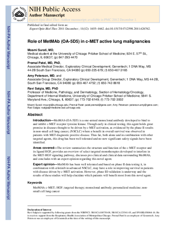 (PDF) Role of MetMAb (OA-5D5) in c-MET active lung malignancies