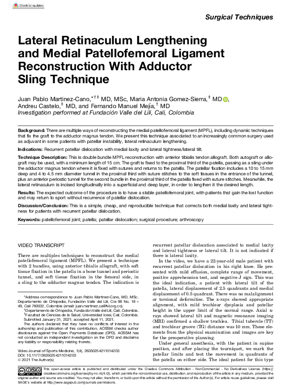 (PDF) Lateral Retinaculum Lengthening and Medial Patellofemoral ...