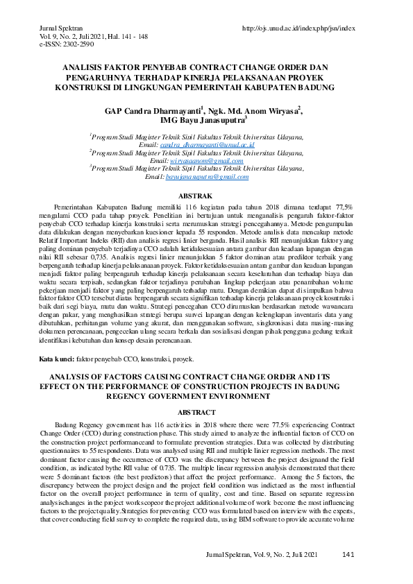 (PDF) Analisis Faktor Penyebab Contract Change Order Dan Pengaruhnya ...