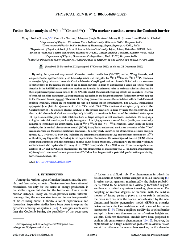 (PDF) Fusion-fission analysis of C12+Cm248 and O16+Pu244 nuclear ...