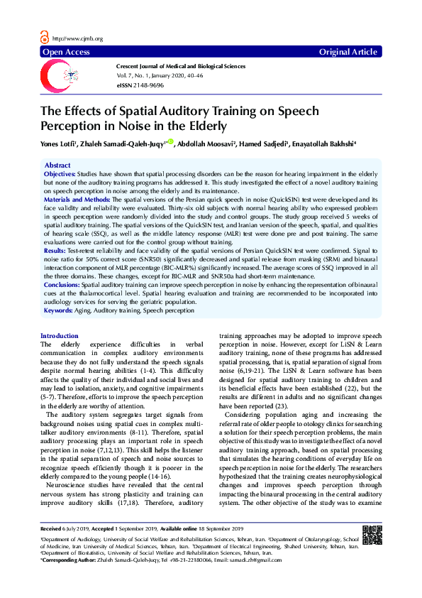 (PDF) The Effects of Spatial Auditory Training on Speech Perception in Noise in the Elderly