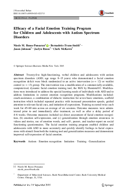 (PDF) Efficacy of a Facial Emotion Training Program for Children and Adolescents with Autism ...