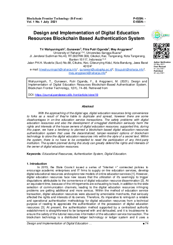 (PDF) Design and Implementation of Digital Education Resources Blockchain-Based Authentication ...