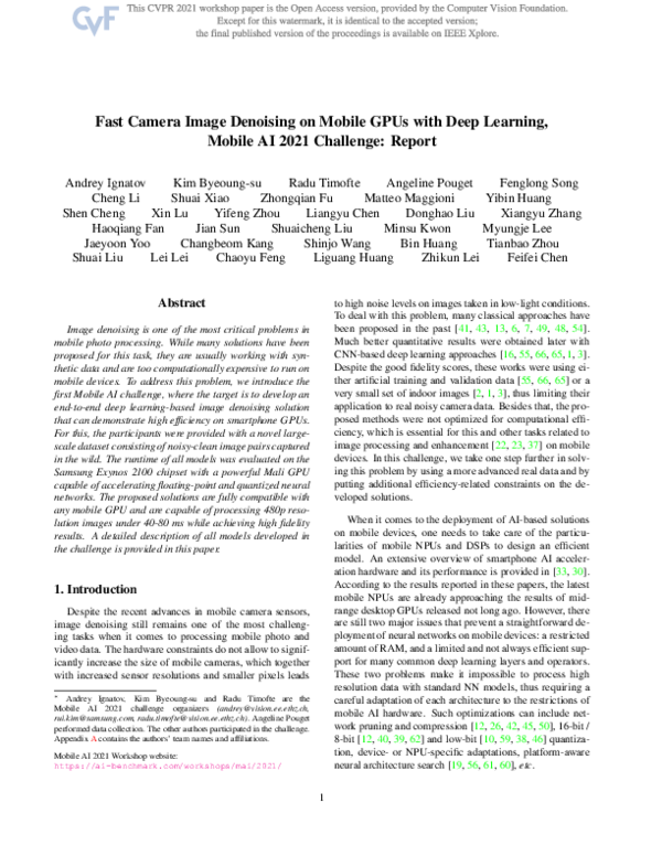 (PDF) Fast Camera Image Denoising on Mobile GPUs with Deep Learning, Mobile AI 2021 Challenge ...