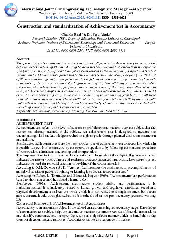 (PDF) Construction and standardization of Achievement test in Accountancy