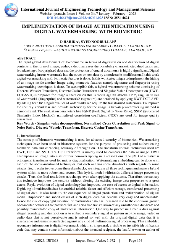 Pdf Implementation Of Image Authentication Using Digital Watermarking With Biometric