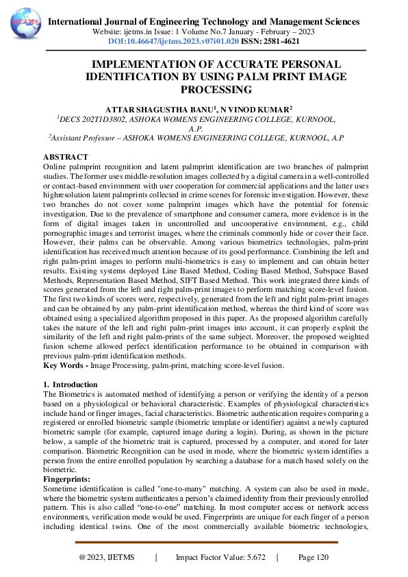(PDF) IMPLEMENTATION OF ACCURATE PERSONAL IDENTIFICATION BY USING PALM PRINT IMAGE PROCESSING