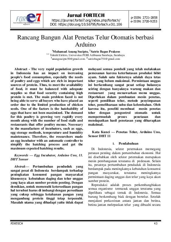 Pdf Rancang Bangun Alat Penetas Telur Otomatis Berbasi Arduino