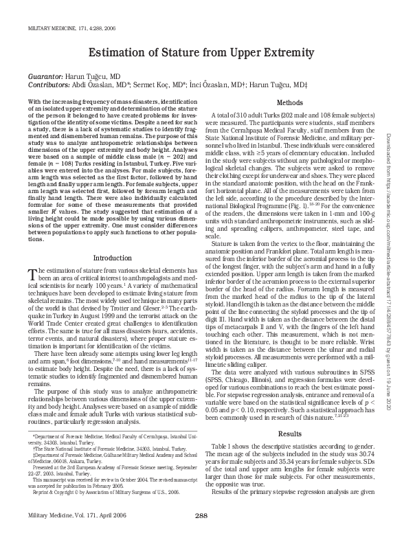 (PDF) Estimation of Stature from Upper Extremity