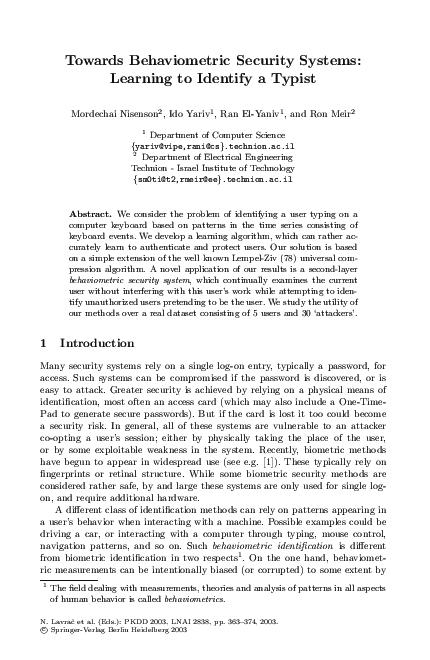 (PDF) Towards Behaviometric Security Systems: Learning to Identify a Typist
