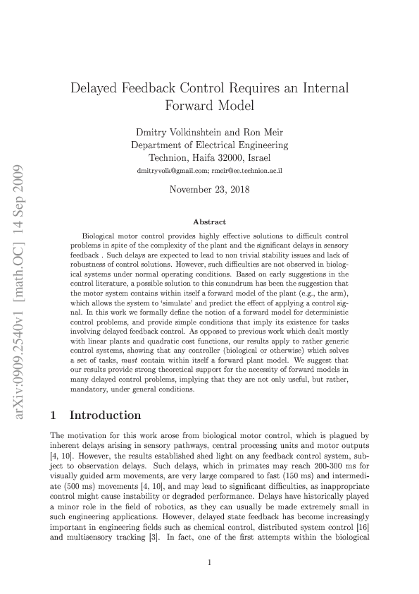 (PDF) Delayed feedback control requires an internal forward model