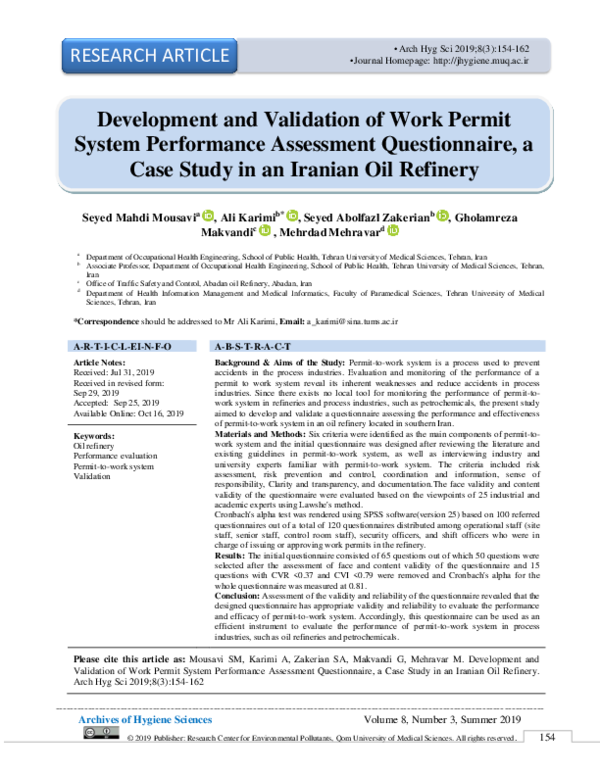(PDF) Development and validation of work permit system performance assessment questionnaire, a ...