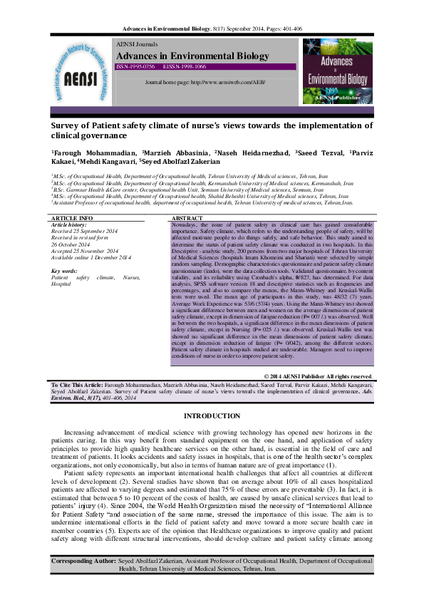 (PDF) Survey of Patient safety climate of nurse's views towards the ...