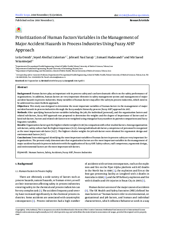 (PDF) Prioritization of Human Factors Variables in the Management of Major Accident Hazards in ...