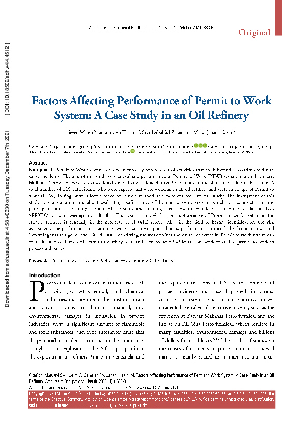(PDF) Factors Affecting Performance of Permit to Work System: A Case Study in an Oil Refinery