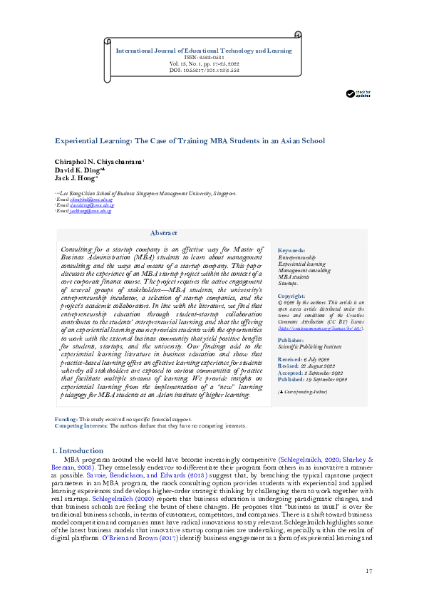 (PDF) Experiential Learning: The Case of Training MBA Students in an ...