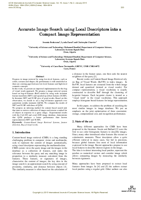 (PDF) Accurate Image Search using Local Descriptors into a Compact Image Representation