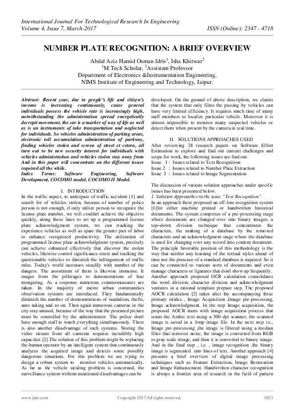 (PDF) Number Plate Recognition: A Brief Overview