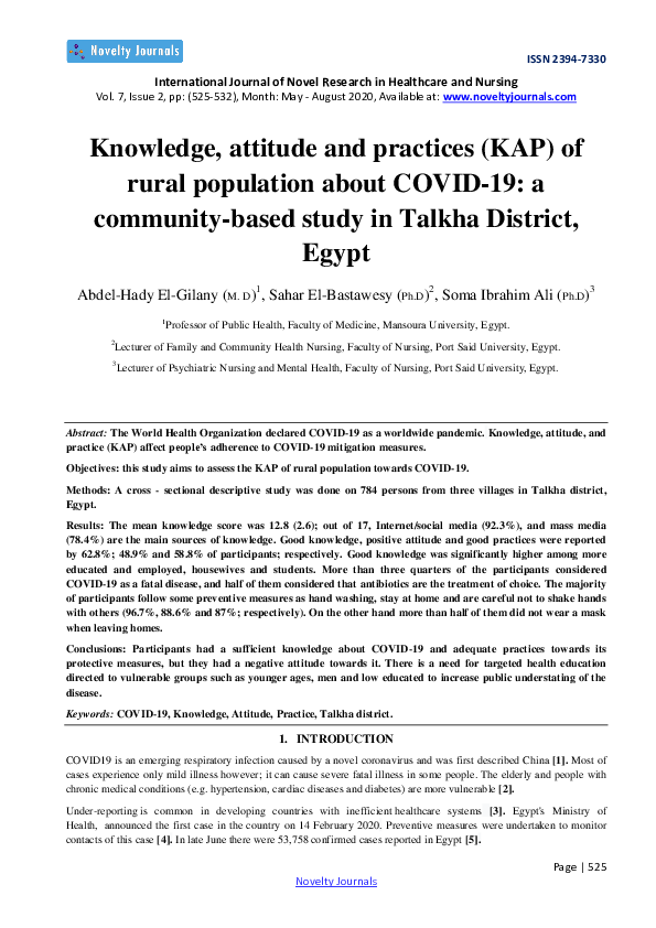 (PDF) Knowledge, attitude and practices (KAP) of rural population about COVID-19: a community ...
