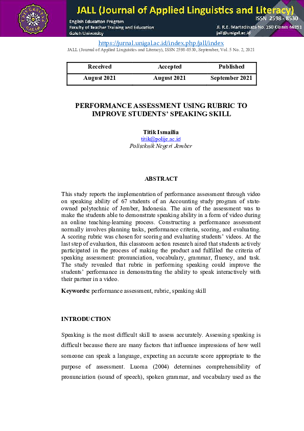 (PDF) Performance Assessment Using Rubric to Improve Students’ Speaking Skill