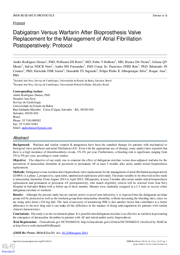 (PDF) Dabigatran Versus Warfarin After Bioprosthesis Valve Replacement ...