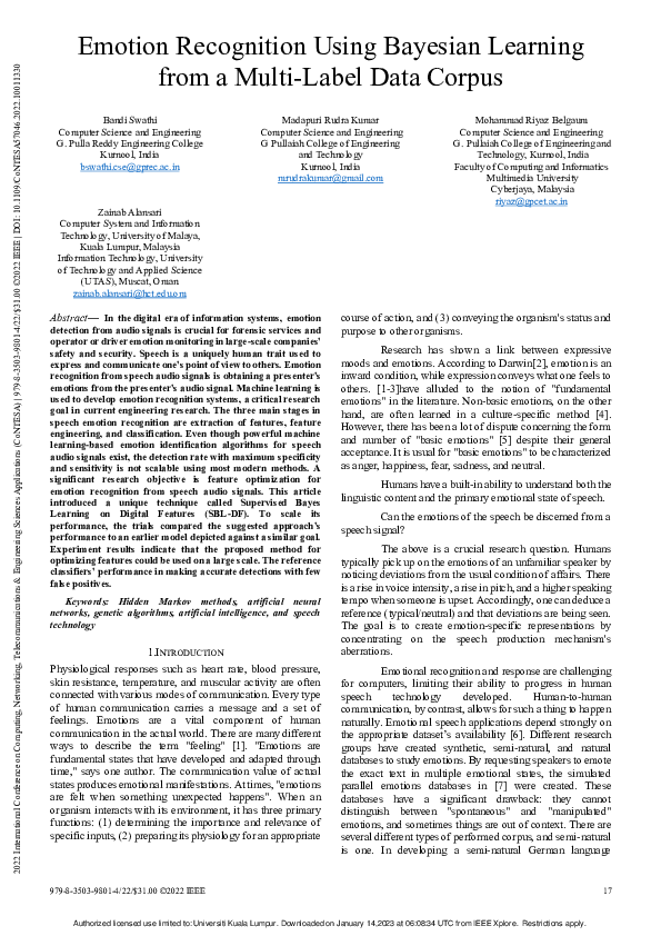 (PDF) Emotion Recognition Using Bayesian Learning from a Multi-Label Data Corpus