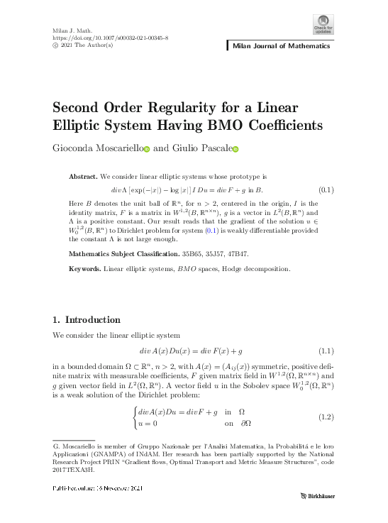 (PDF) Second Order Regularity for a Linear Elliptic System Having BMO ...