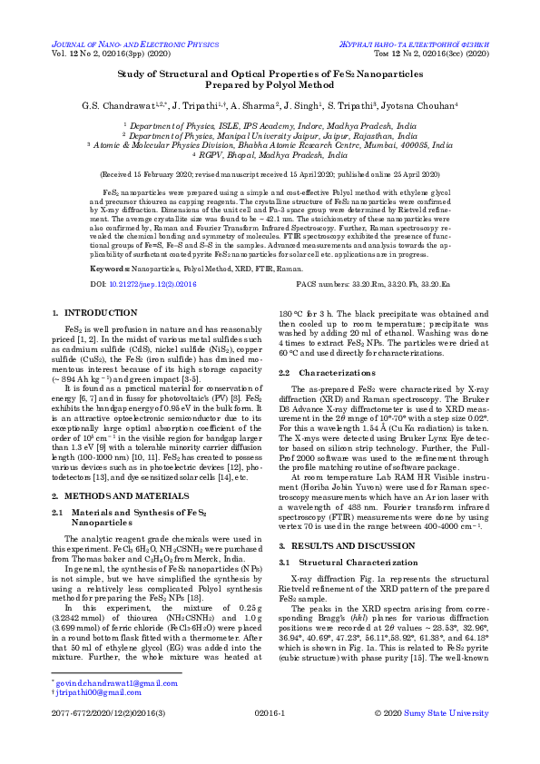 (PDF) Study of Structural and Optical Properties of FeS2 Nanoparticles Prepared by Polyol Method