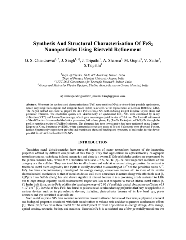 (PDF) Synthesis and structural characterization of FeS2 nanoparticles using rietveld refinement