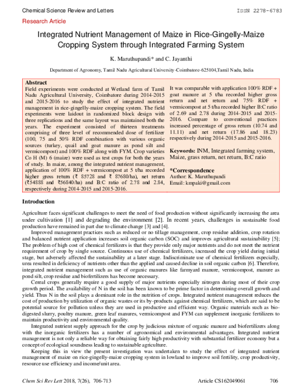 (PDF) Integrated Nutrient Management of Maize in Rice-Gingelly-Maize Cropping System through ...