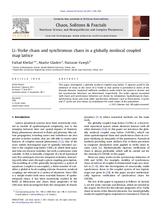 (PDF) Li–Yorke chaos and synchronous chaos in a globally nonlocal coupled map lattice