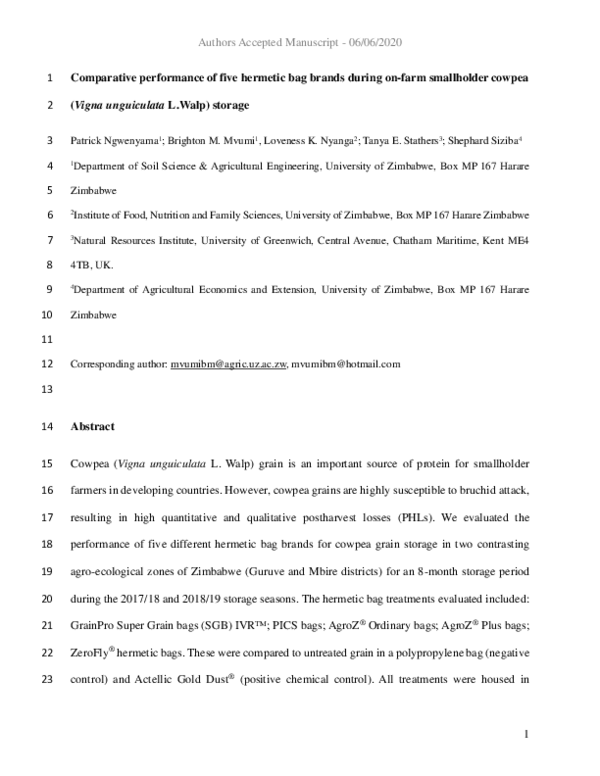 (PDF) Comparative performance of five hermetic bag brands during on ...