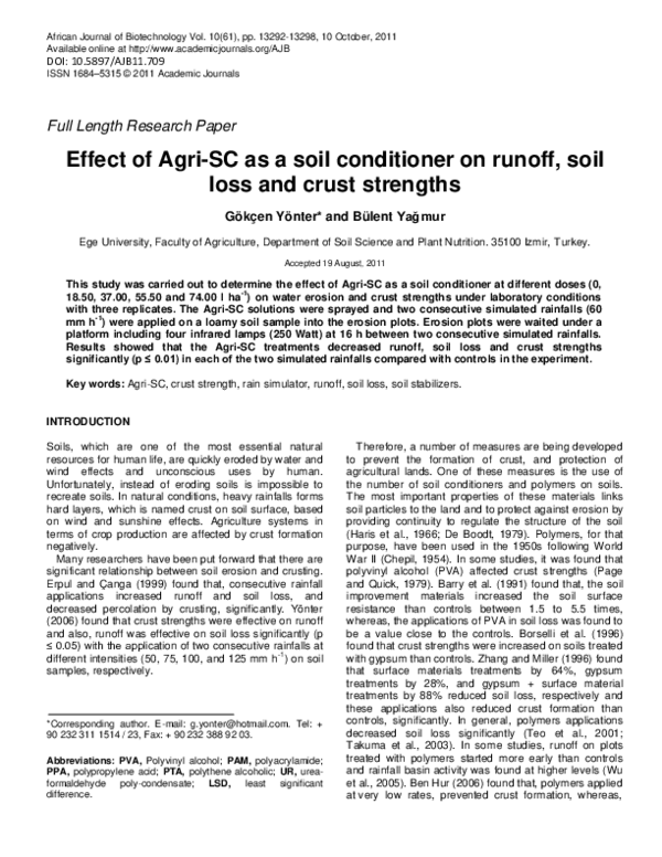 (PDF) Effect of Agri-SC as a soil conditioner on runoff, soil loss and ...