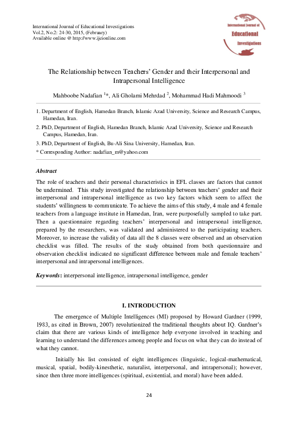 (PDF) The Relationship between Teachers' Gender and their Interpersonal ...