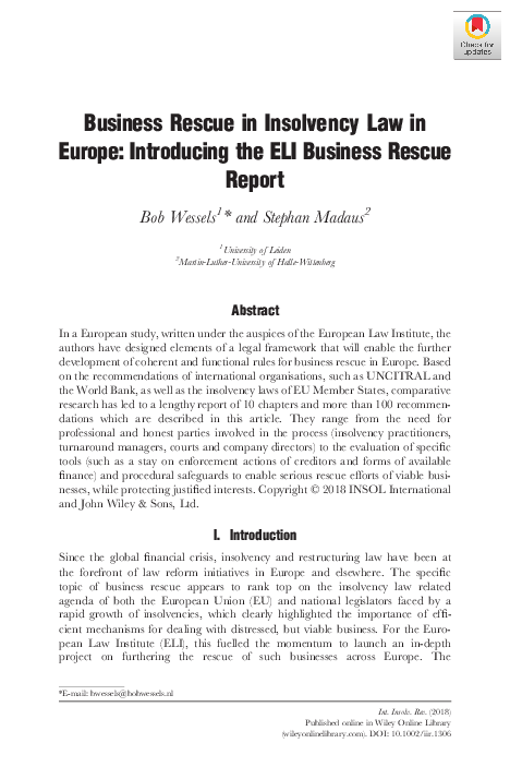 (PDF) Business Rescue in Insolvency Law in Europe: Introducing the ELI ...