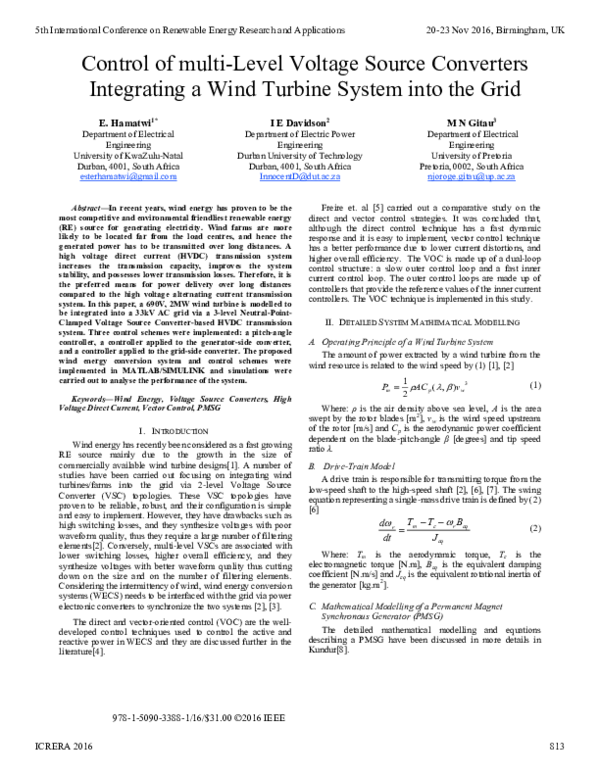 (PDF) Control of multi-level voltage source converters integrating a wind turbine system into ...