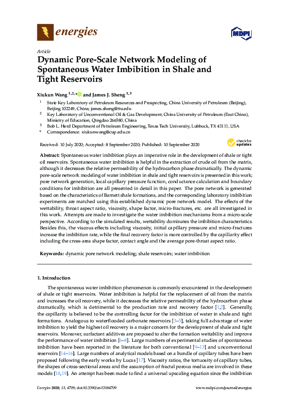 Pdf Dynamic Pore Scale Network Modeling Of Spontaneous Water Imbibition In Shale And Tight
