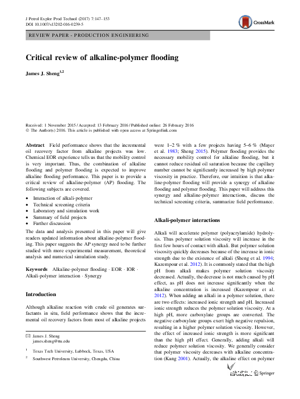 (PDF) Critical review of alkaline-polymer flooding | James Sheng ...